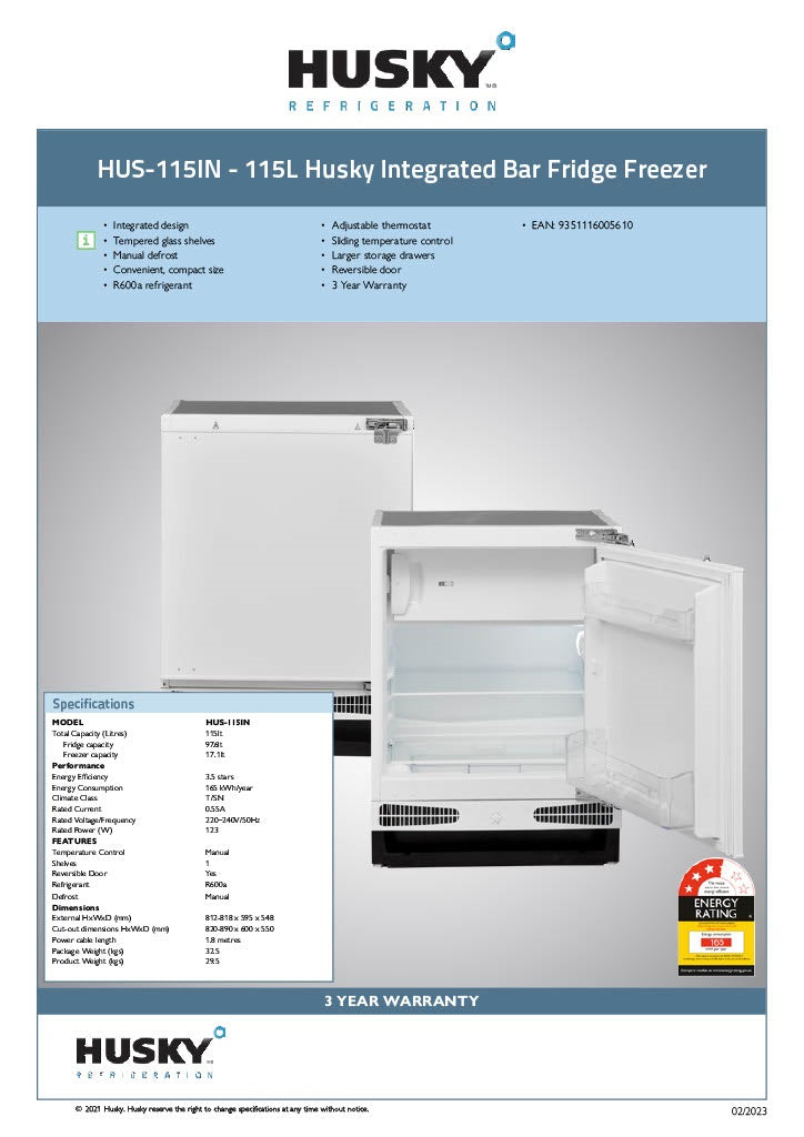 Husky HUS115IN 115L Integrated Bar Fridge Freezer – 8Appliances