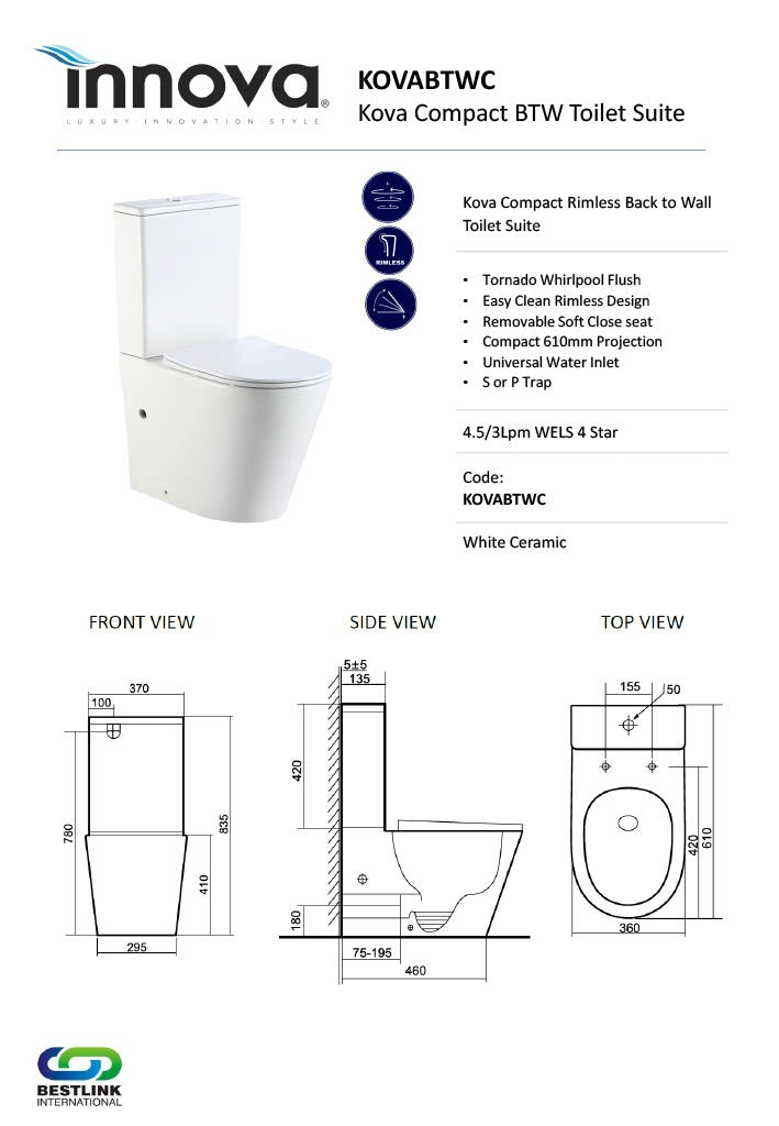 Innova KOVABTWC Kova Compact Tornado Flush Back to Wall Toilet Suite ...