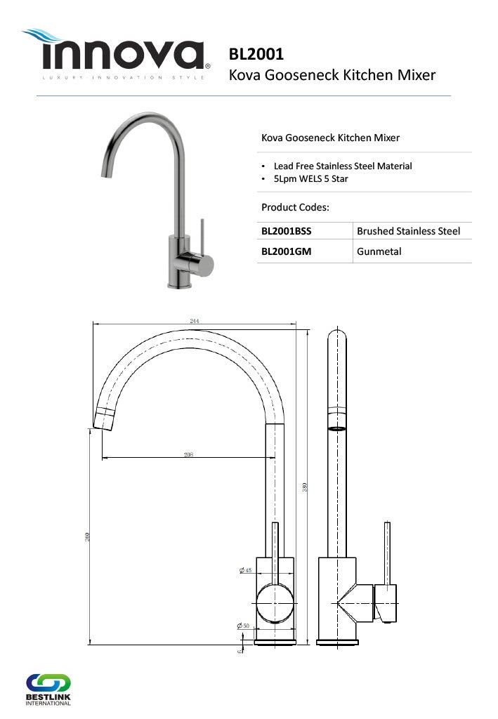Innova BL2001 Kova Lead Free Gooseneck Curved Sink Mixer – 8Appliances
