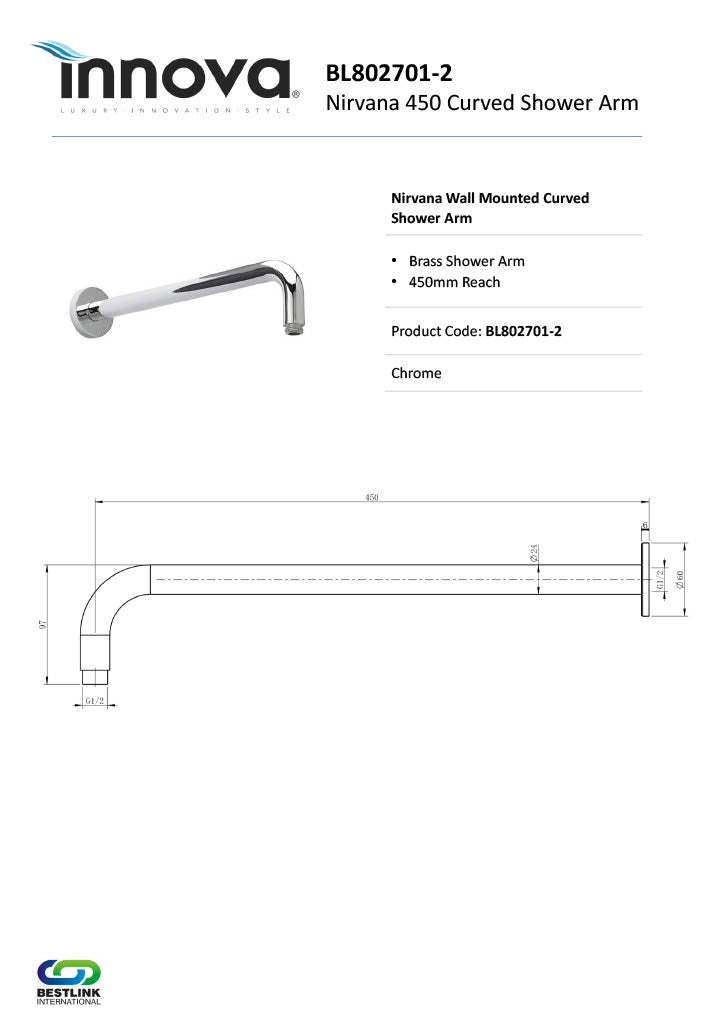 Innova BL8027012 Nirvana 450mm Wall Mounted Curved Shower Arm – 8Appliances