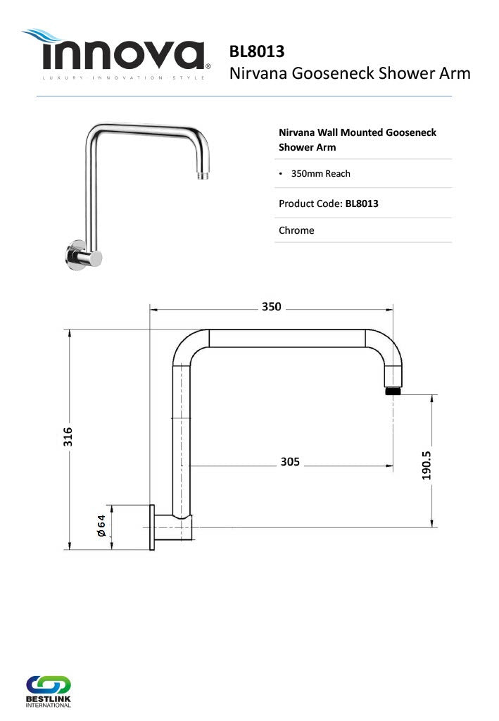 Innova BL8013 Nirvana 350mm Gooseneck Wall Mounted Shower Arm – 8Appliances