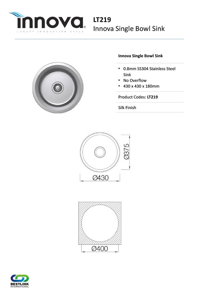 Innova LT219 430mm Wide Silk Finish Single Bowl Round Sink – 8Appliances
