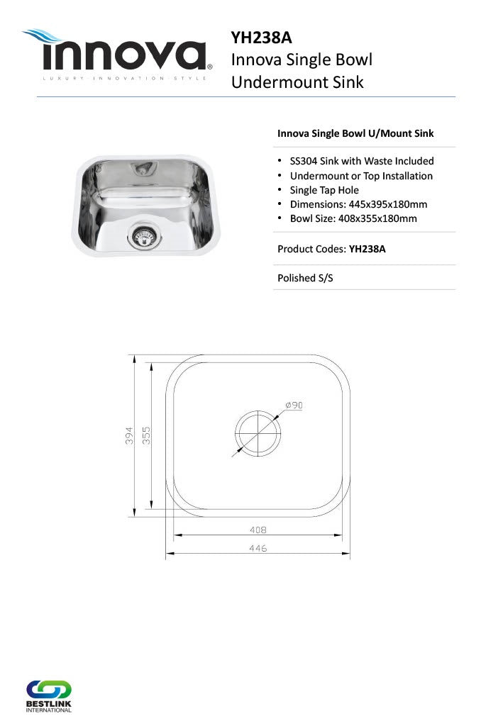 Innova YH238A 445mm Wide Undermount Single Bowl Sink – 8Appliances