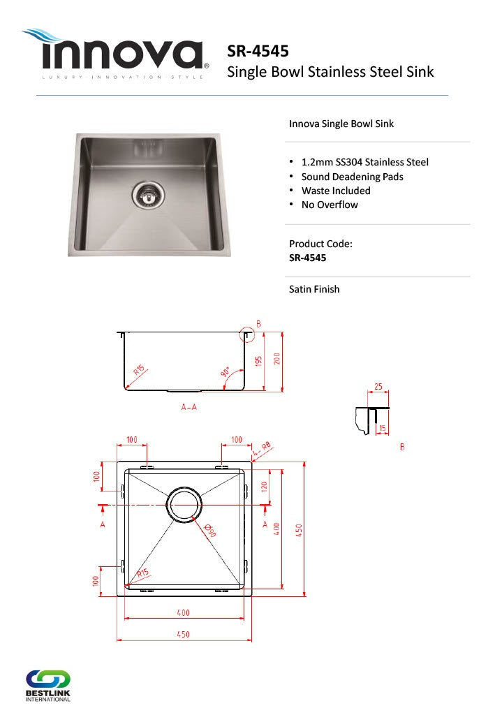 Innova SR4545 Handmade 450mm Wide Single Bowl Kitchen Sink – 8Appliances