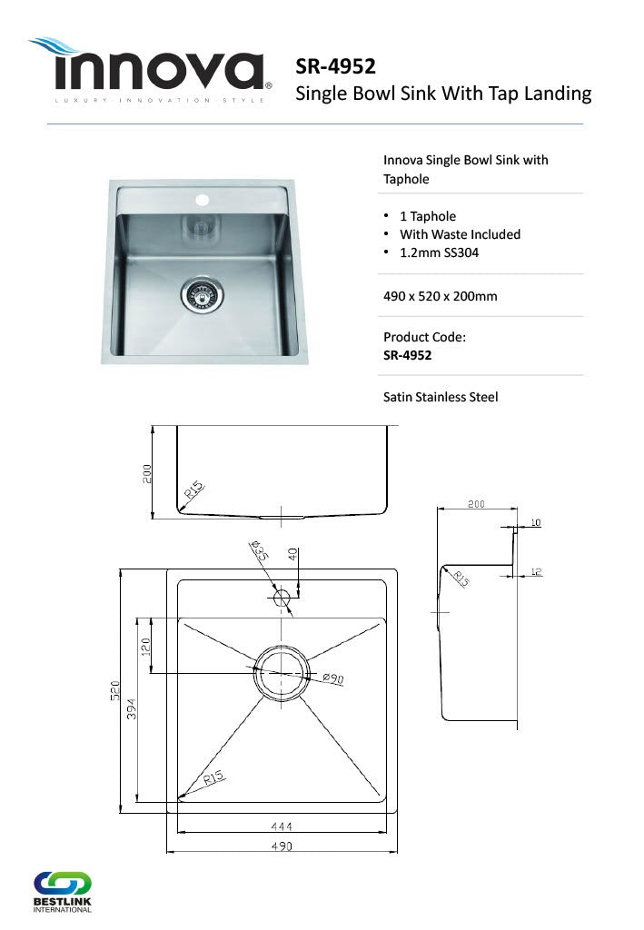 Innova SR4952 Handmade 490mm Wide Single Bowl Kitchen Sink with Taphol ...