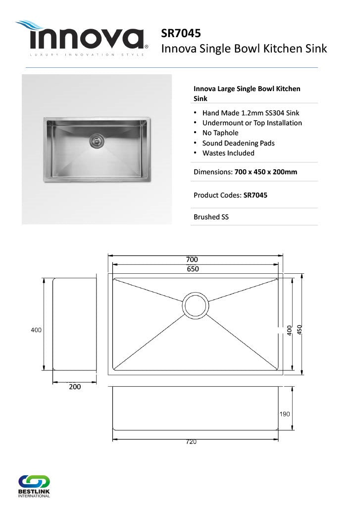Innova SR7045 Kova 700mm Wide Single Bowl Kitchen Sink – 8Appliances