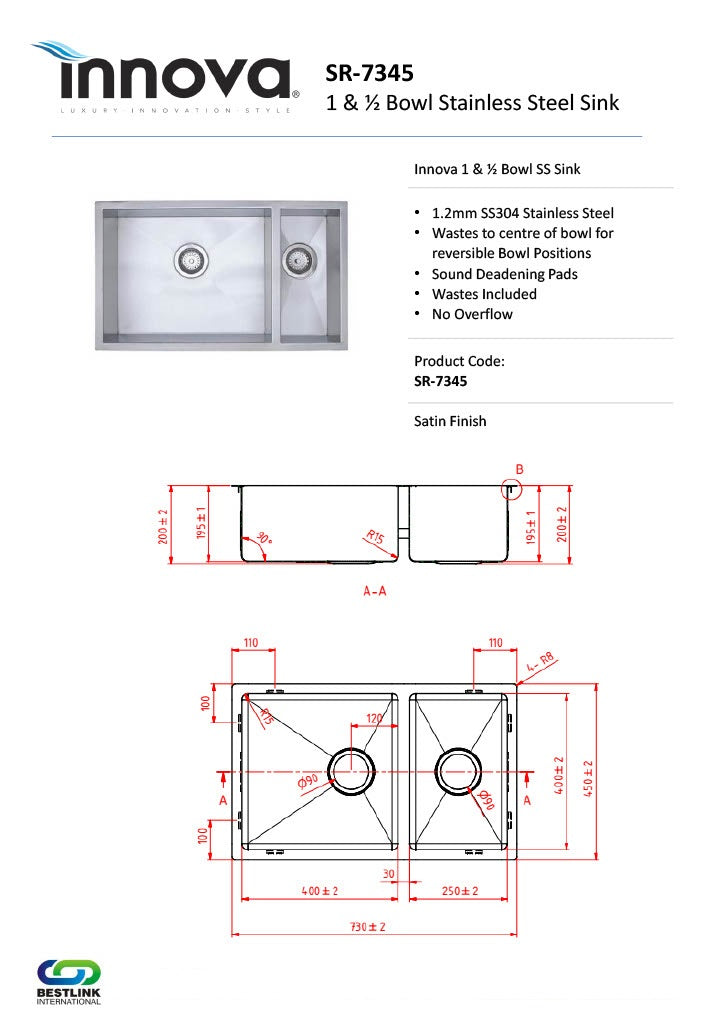Innova SR7345 Handmade 730mm Wide 1 & 1/2 Bowl Kitchen Sink – 8Appliances