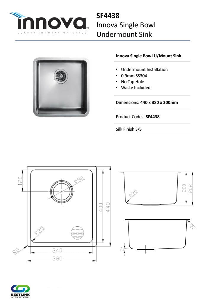 Innova SF4438 Marlo 380mm Wide Single Bowl Sink – 8Appliances