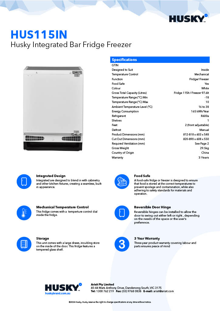 Husky HUS115IN 115L Integrated Bar Fridge Freezer – 8Appliances