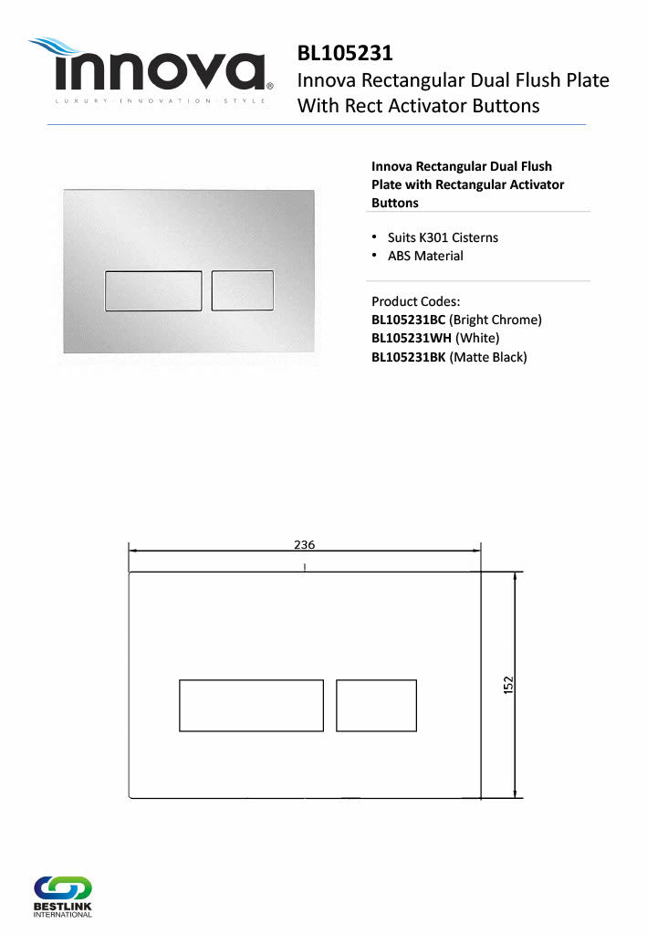 Innova BL105231 Dual Flush Plate with Rectangular Activator Buttons ...