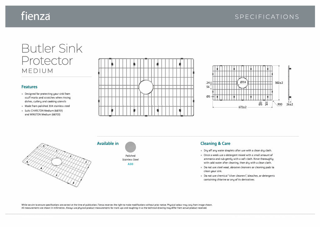 Fienza A30 Medium Butler Sink Protector – 8Appliances