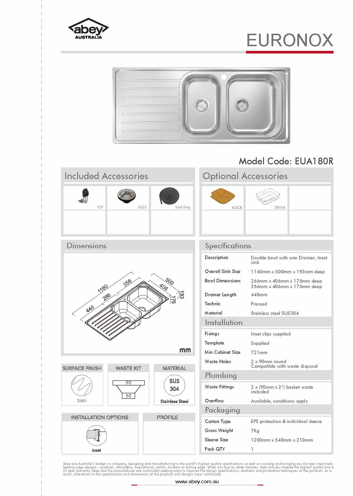 Abey Floor Stock EUA180R Euronox 1 & 1/2 Right Hand Bowl Stainless Ste ...