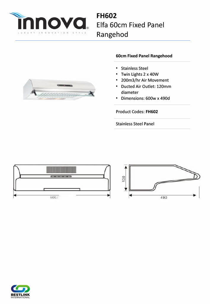 Elfa FH602 60cm Fixed Panel Rangehood – 8Appliances