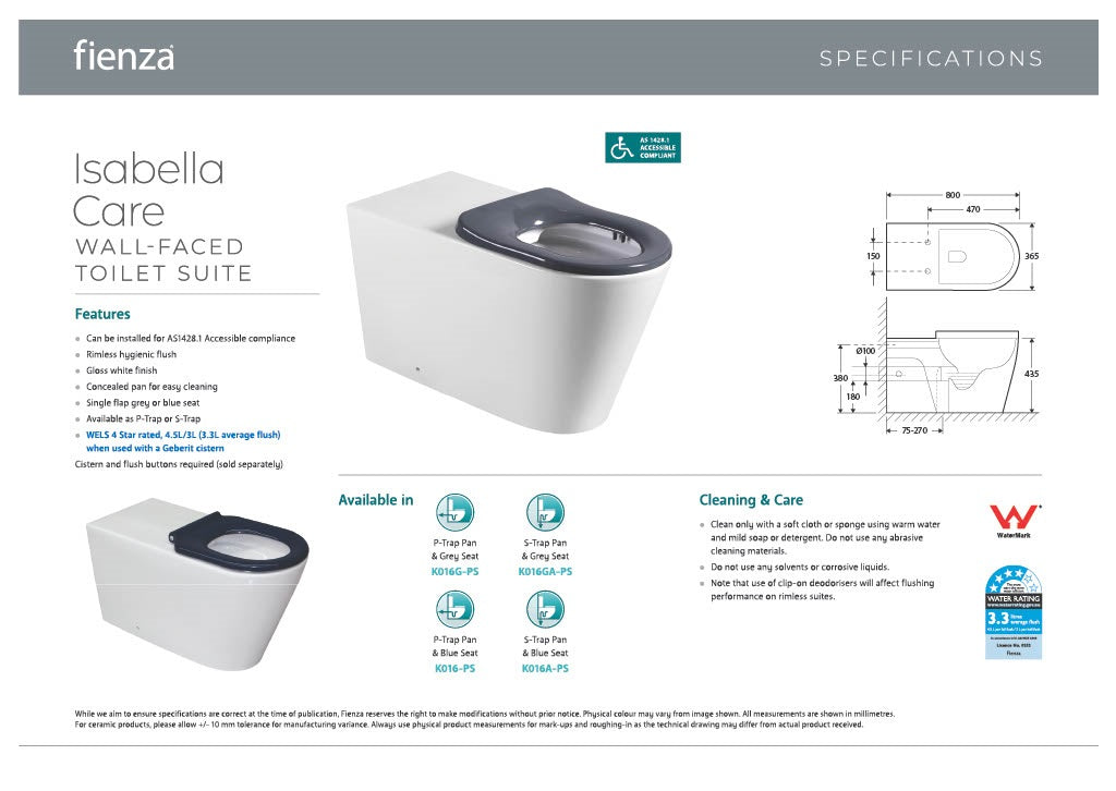 Fienza K016G Isabella Care Grey Seat Wall-Faced Toilet Suite – 8Appliances