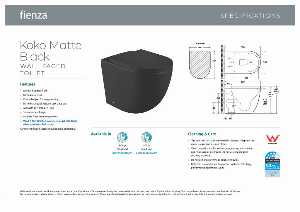 Fienza K002376MB Koko Matte Black Wall-Faced Toilet Suite – 8Appliances