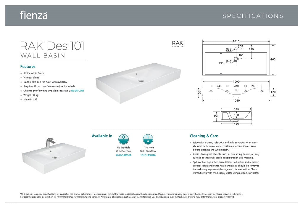 Rak Ceramic 10100AWHA/10101AWHA Des 101 Wall Basin – 8Appliances