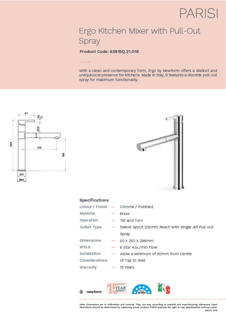Newform 63915Q Ergo Kitchen Mixer Straight Spout with Pull-Out Spray ...