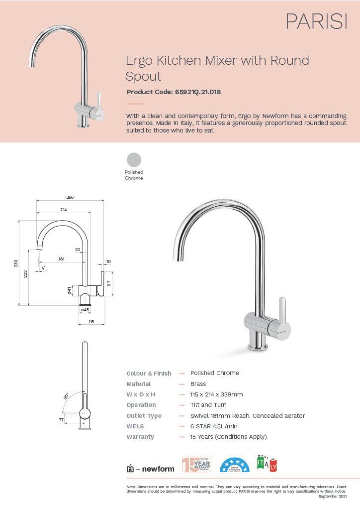 Newform 65921Q Ergo Kitchen Mixer with Round Spout – 8Appliances