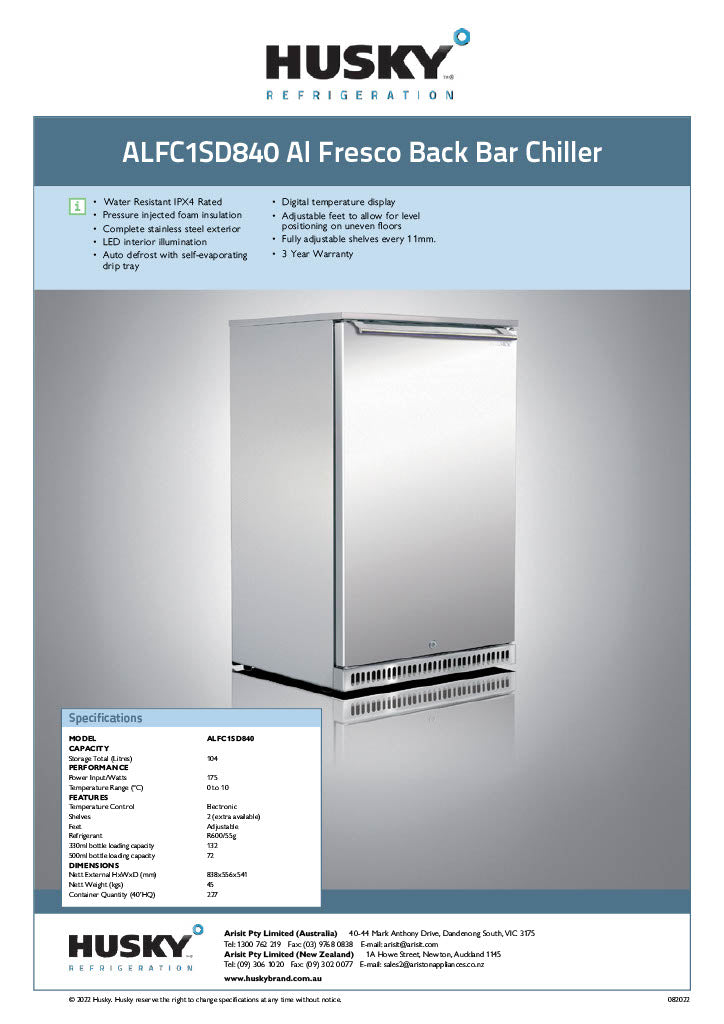 Husky ALFC1SD840 104L Al Fresco Back Bar Chiller – 8Appliances