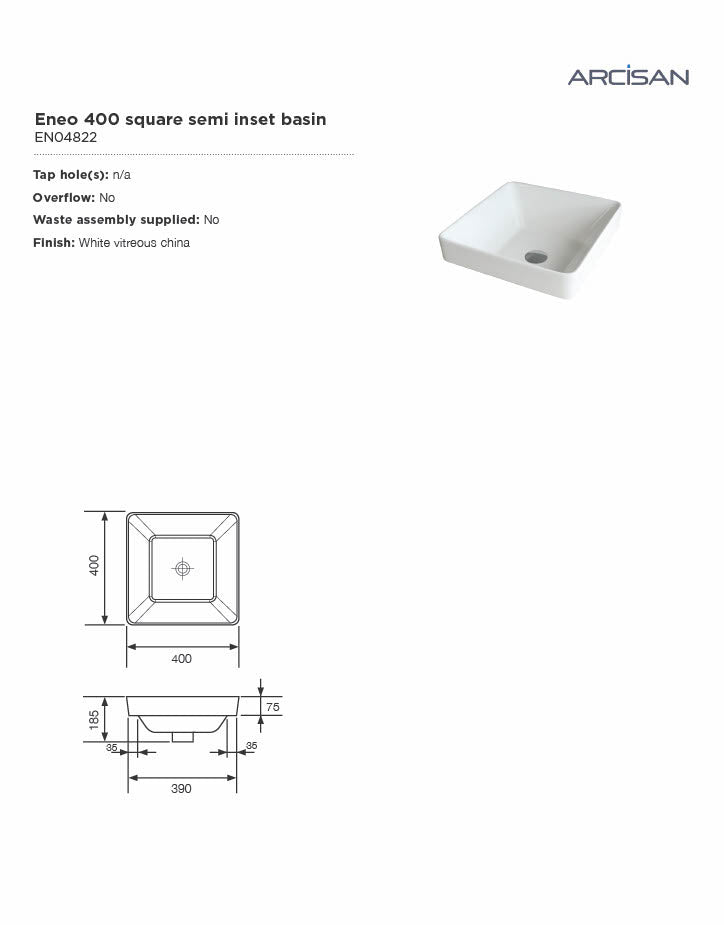 Arcisan EN04822 Eneo 400mm Wide Square Inset Basin – 8Appliances