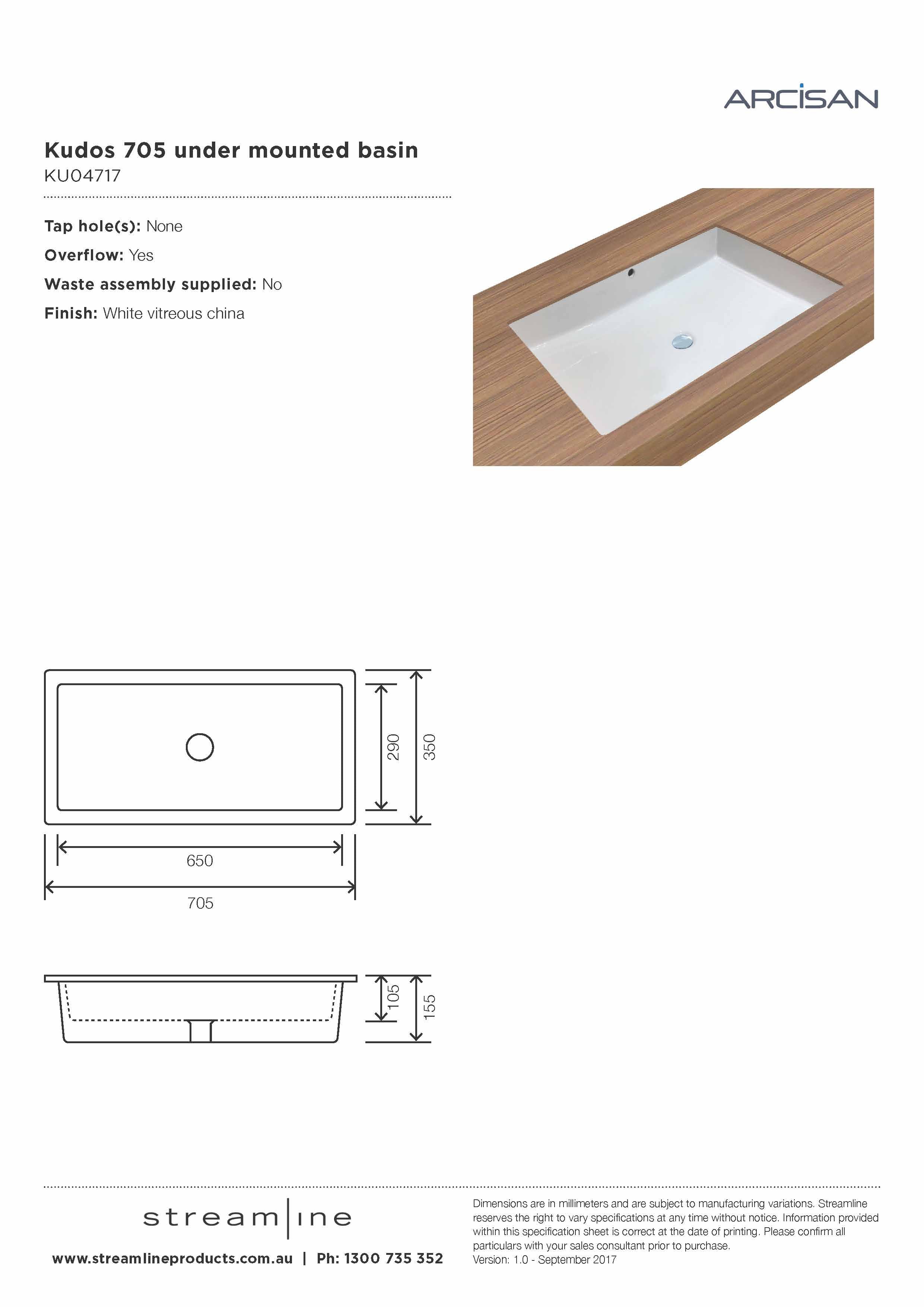 Arcisan KU04717 Kudos 705mm Under Counter Basin – 8Appliances