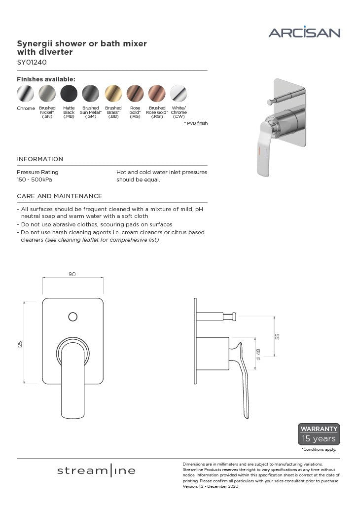 Arcisan SY01240 Synergii Shower or Bath Mixer with Diverter Button ...