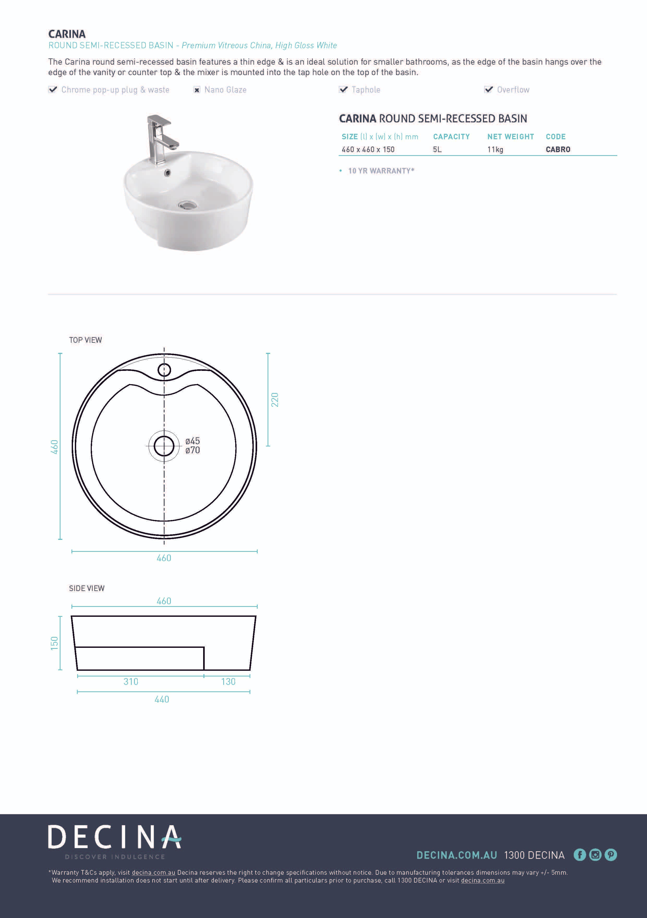 Decina CABRO Caval Round Semi-Recessed Basin – 8Appliances