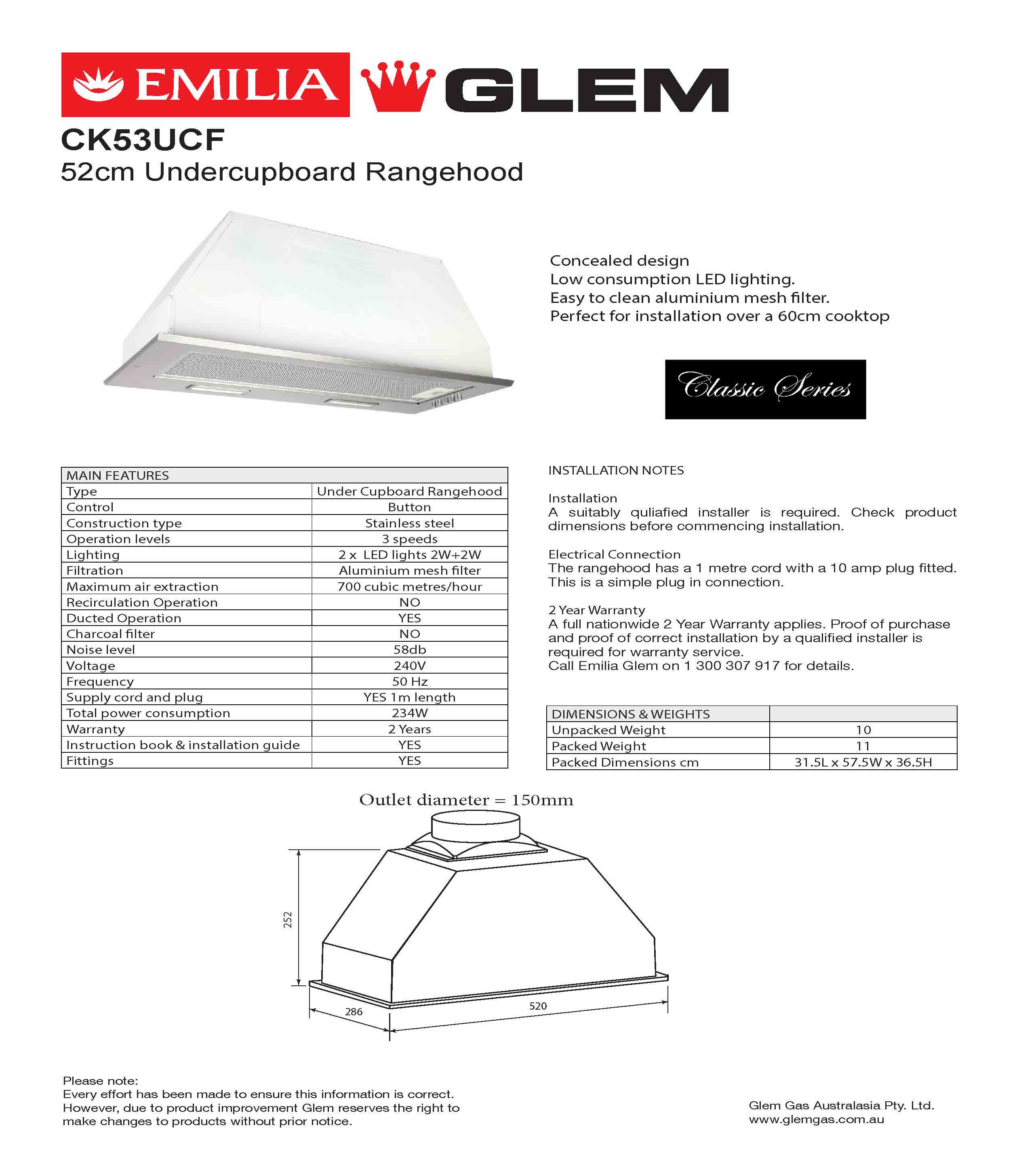 Emilia CK53UCF 53cm Under Cupboard Rangehood – 8Appliances
