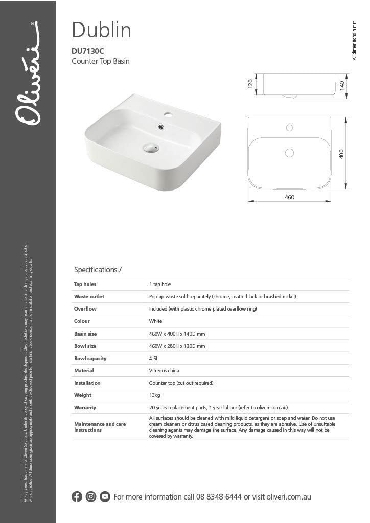 Oliveri DU7130C Dublin Counter Top Basin – 8Appliances
