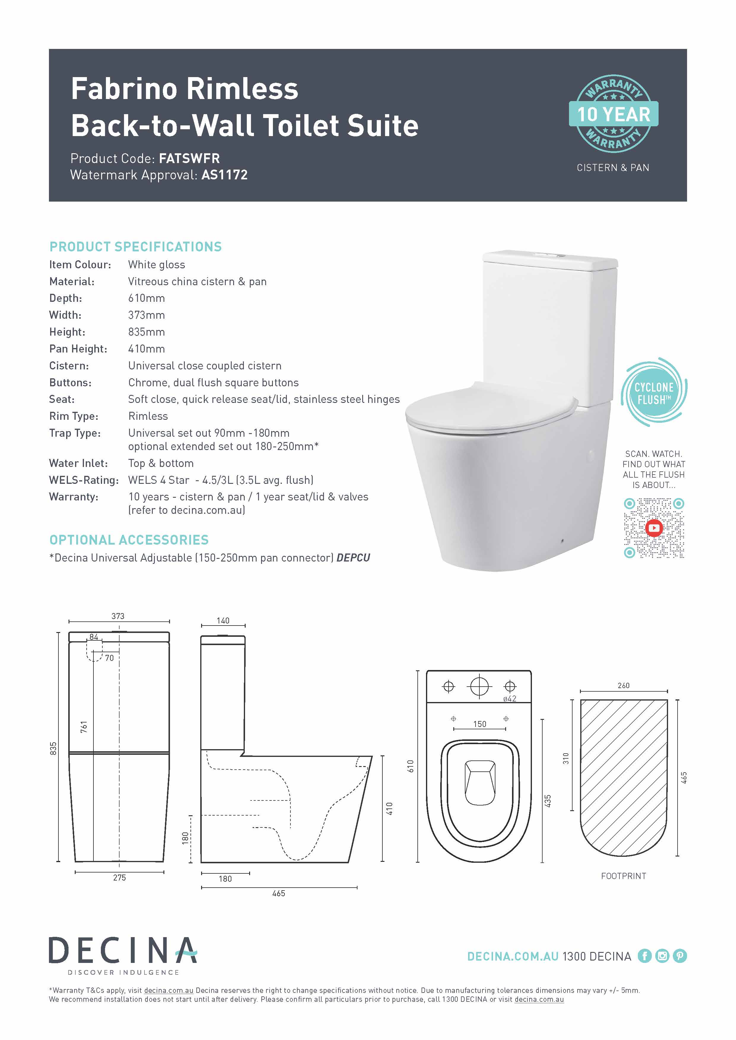 Decina FATSWFR Fabrino Rimless Universal Back-To-Wall Toilet Suite ...