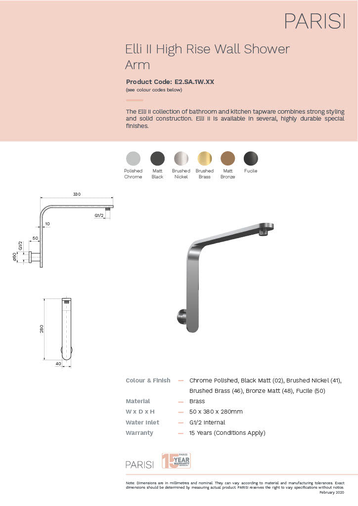 Parisi Elli II High Rise Wall Shower Arm Polished – 8Appliances