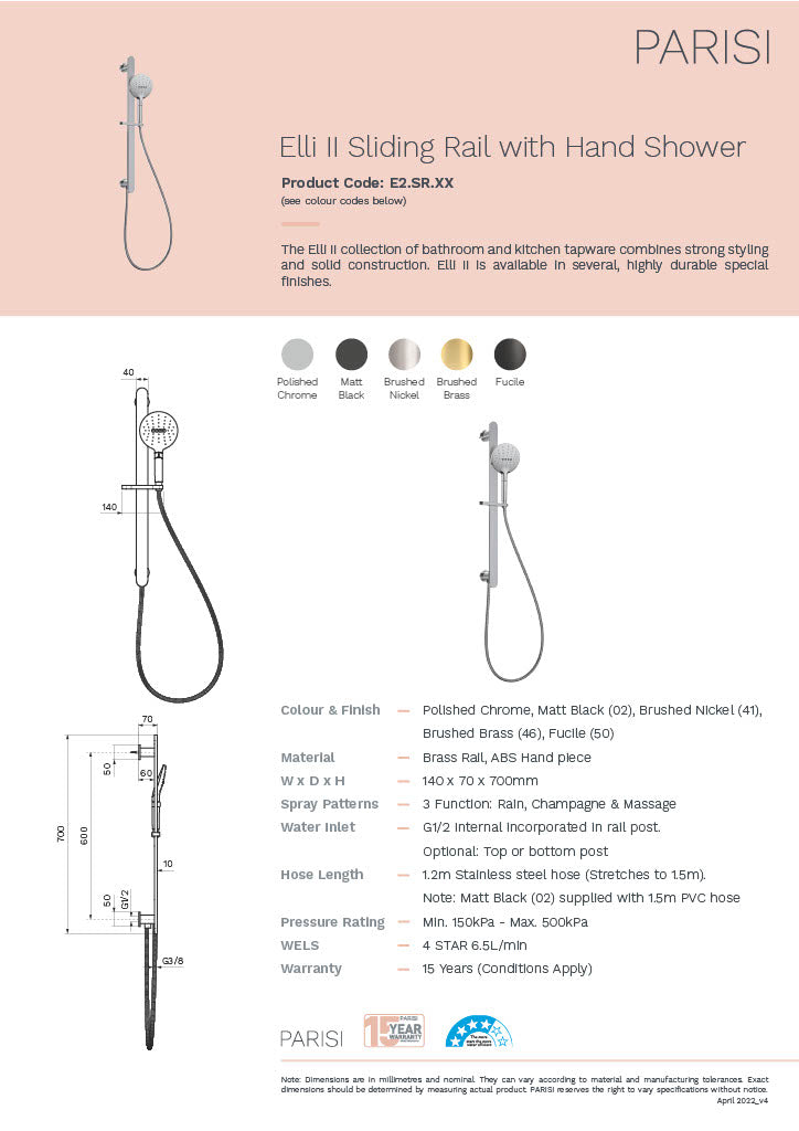Parisi E2.SR Elli II Sliding Rail with Hand Shower – 8Appliances
