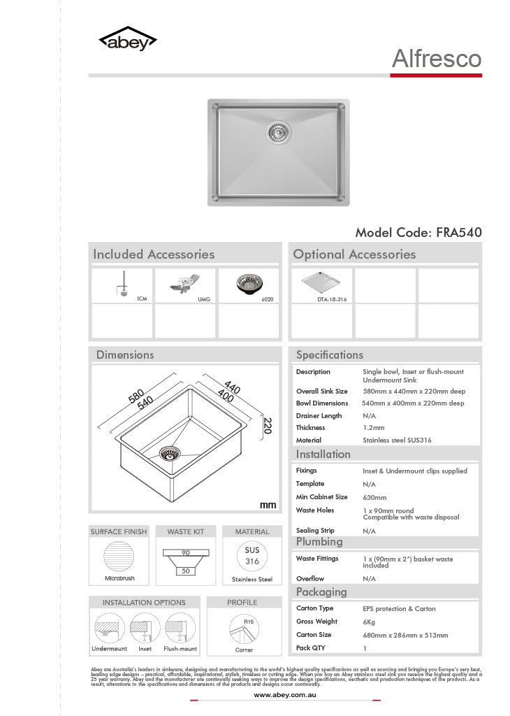 Abey FRA540 Alfresco 540mm Large Bowl Sink | 8Appliances