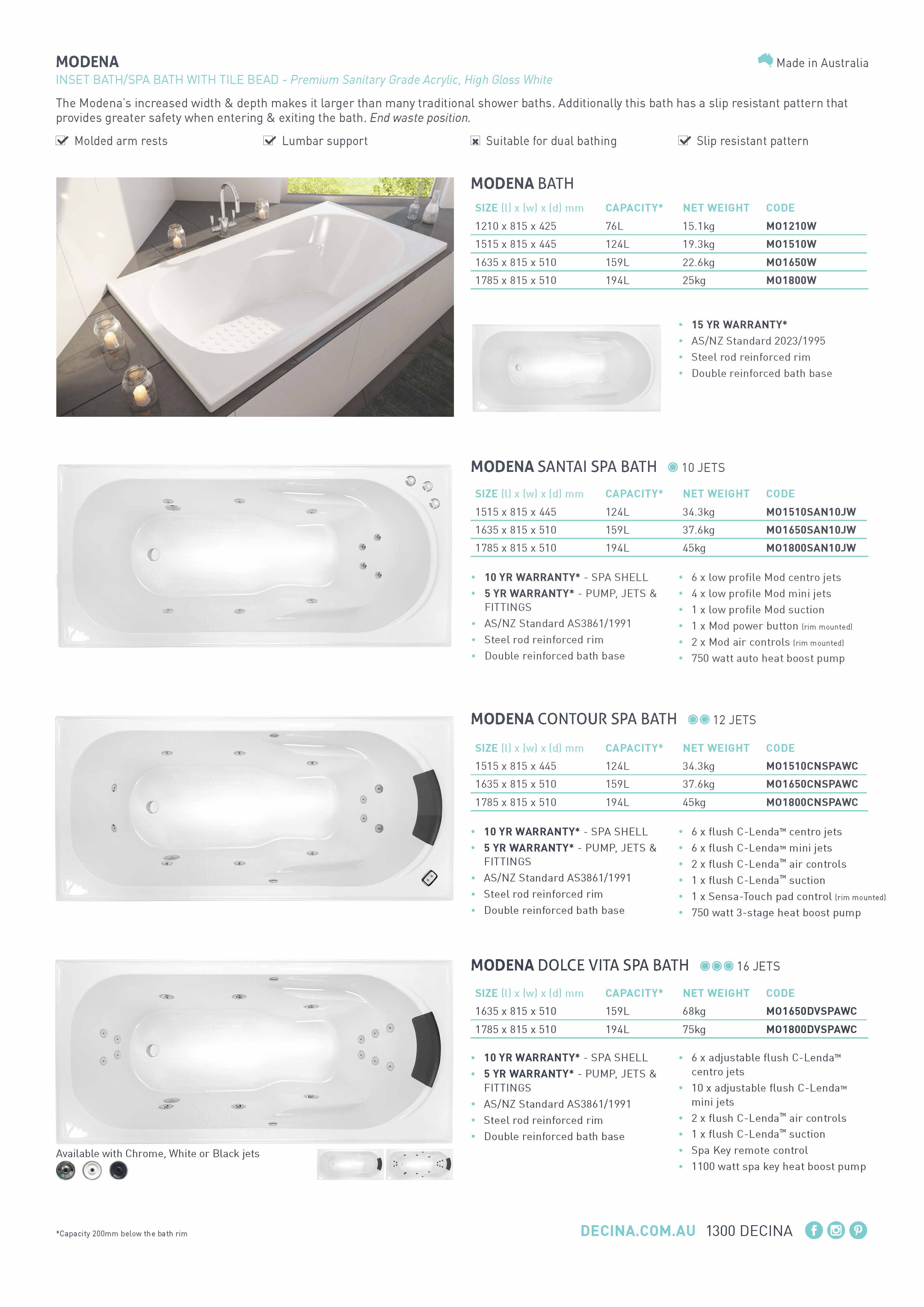 Decina Modena 1515 / 1635 / 1785mm Contour 12 Jet Spa Bath – 8Appliances
