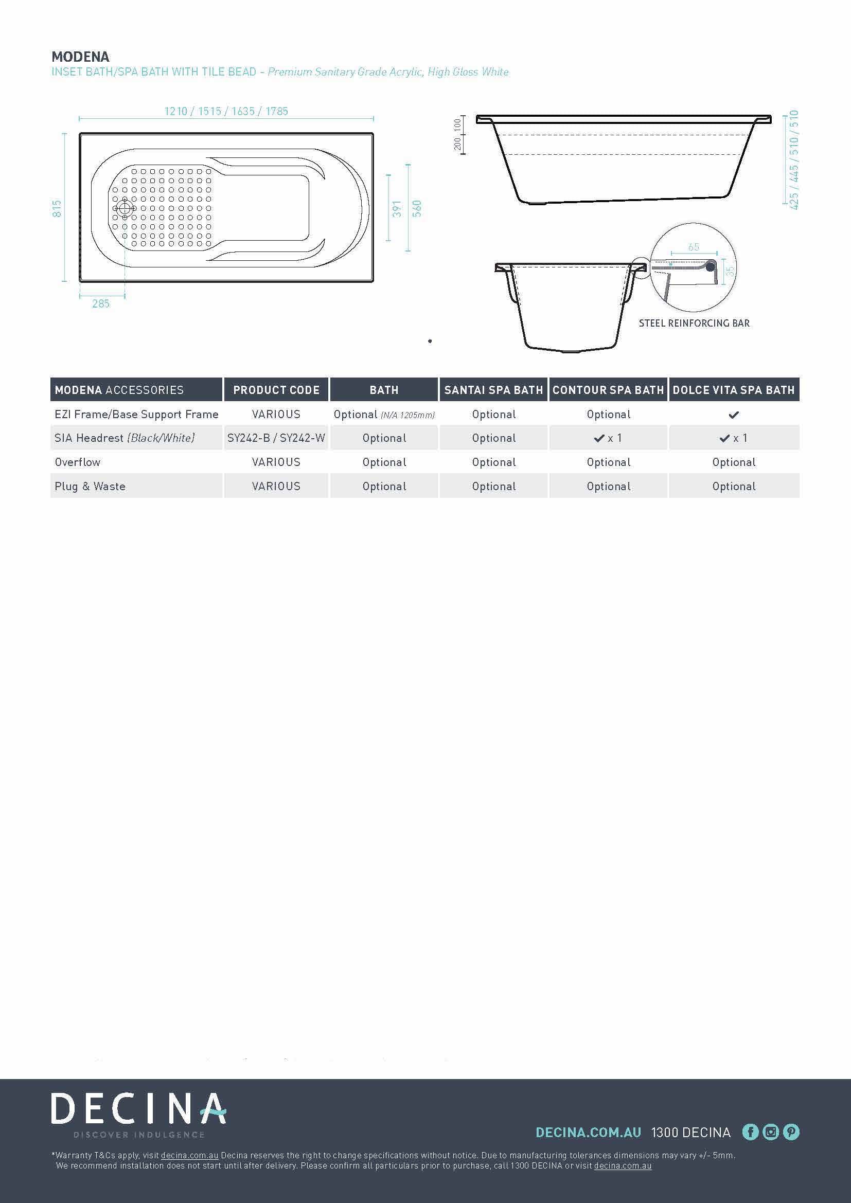 Decina Modena 1515 / 1635 / 1785mm Contour 12 Jet Spa Bath – 8Appliances