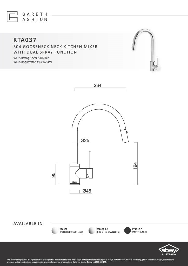 Gareth Ashton KTA037-BR 304 Gooseneck Kitchen Mixer with Dual Spray Pu ...