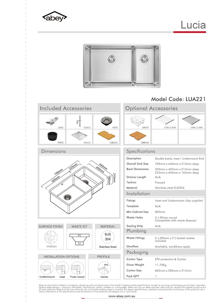 Abey LUA221T14 Lucia Bowl & Three Quarter With KTA014-BR Kitchen Mixer ...