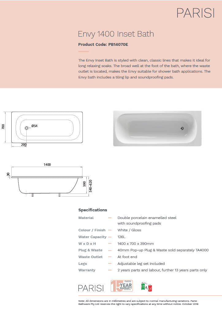 Parisi Envy Inset Bath – 8Appliances