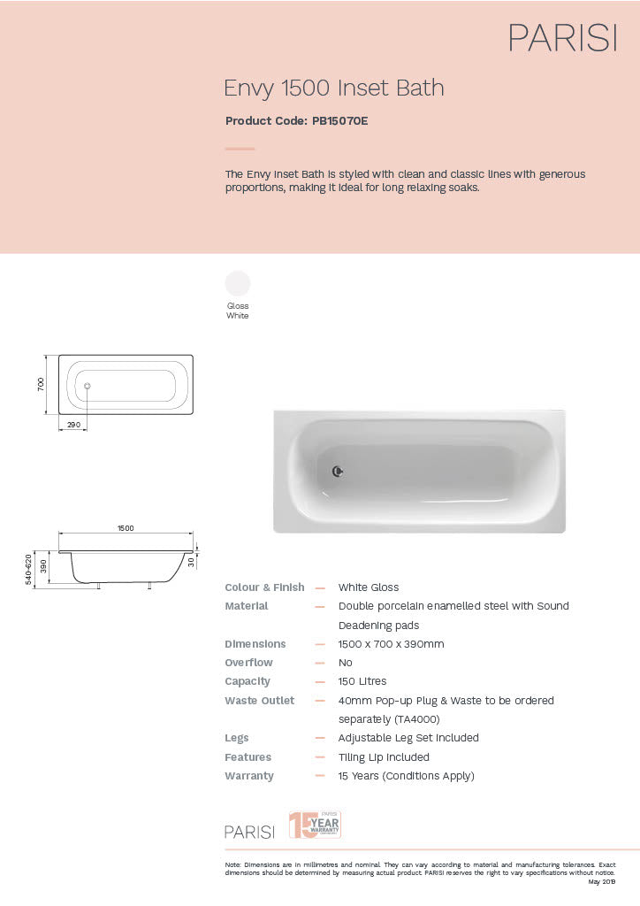 Parisi Envy Inset Bath – 8Appliances