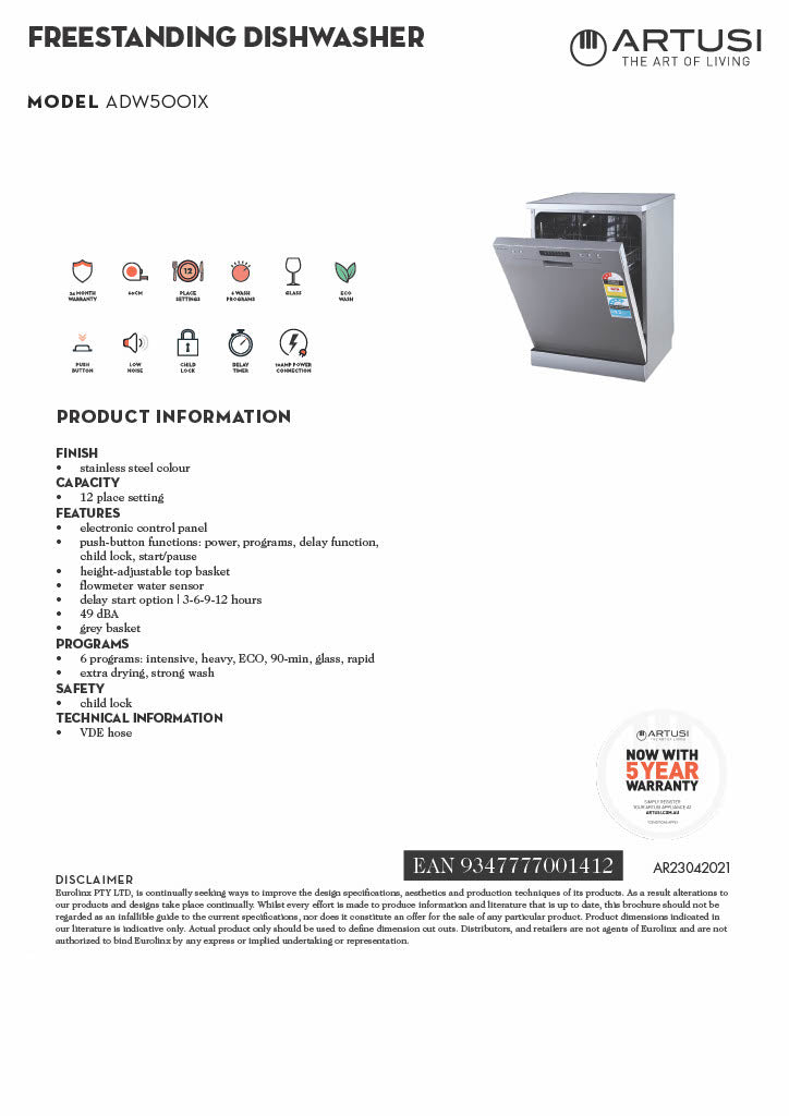 Artusi ADW5001X Freestanding Dishwasher – 8Appliances
