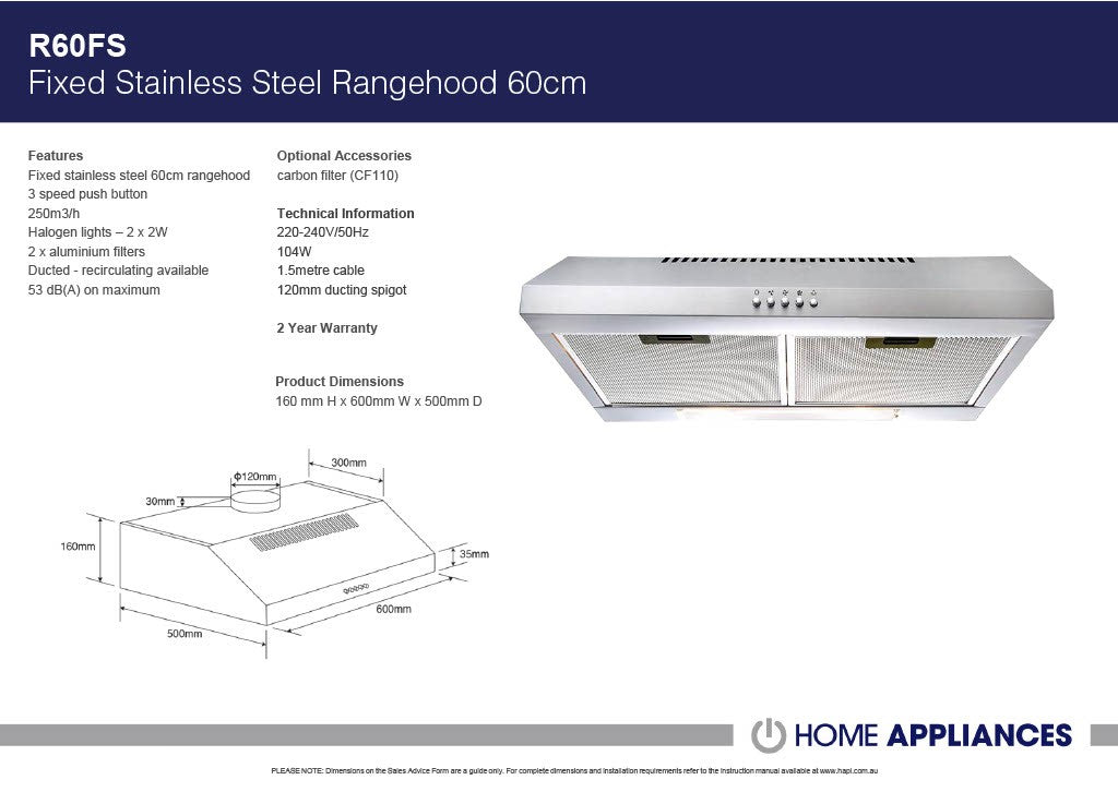 Euromaid R60FS 60cm Stainless Steel Fixed Rangehood – 8Appliances