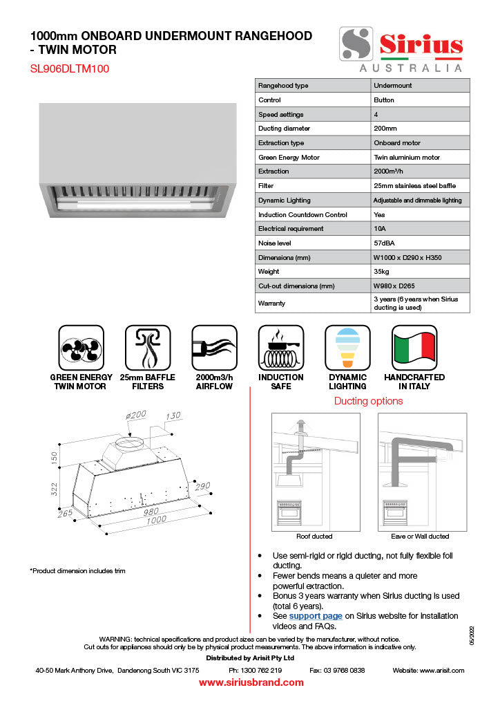 Sirius SL906DLTM100 Onboard 1000mm Undermount Rangehood – 8Appliances