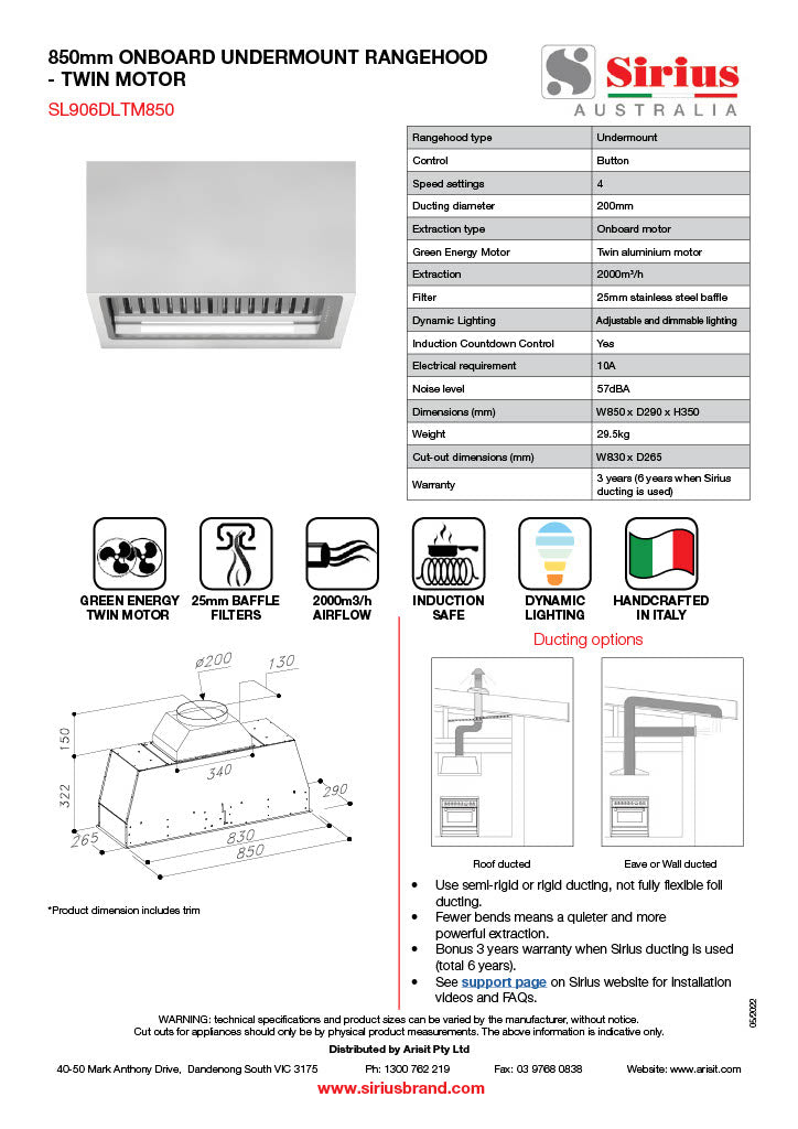 Sirius SL906DLTM850 Onboard 850mm Undermount Rangehood – 8Appliances