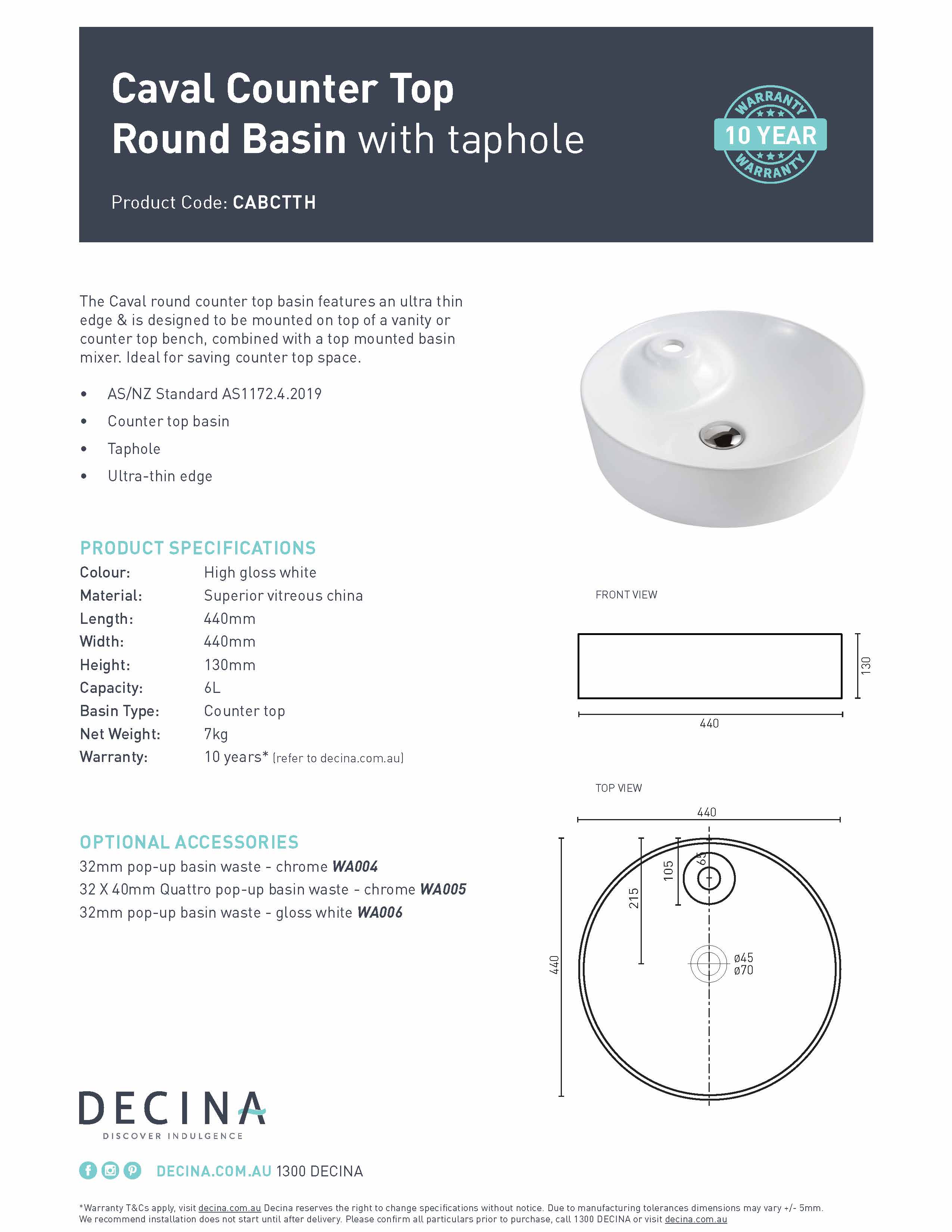 Decina CABCTTH Caval Countertop Basin with 1 Taphole – 8Appliances